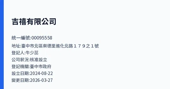 吉禧有限公司的照片-統編 00095558(臺中市) 公司登記資料與營業項目詳細圖表