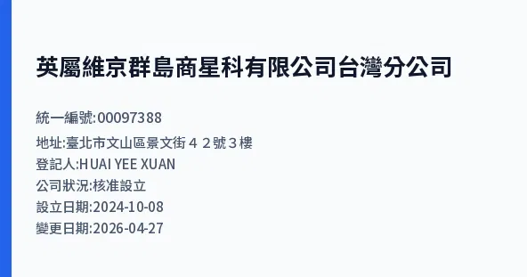 英屬維京群島商星科有限公司台灣分公司的照片-統編 00097388(臺北市) 公司登記資料與營業項目詳細圖表