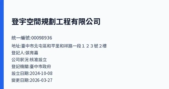 登宇空間規劃工程有限公司的照片-統編 00098936(臺中市) 公司登記資料與營業項目詳細圖表