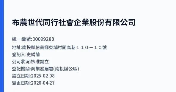 布農世代同行社會企業股份有限公司的照片-統編 00099288(南投縣) 公司登記資料與營業項目詳細圖表