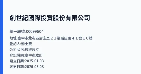 創世紀國際投資股份有限公司的照片-統編 00099604(臺中市) 公司登記資料與營業項目詳細圖表