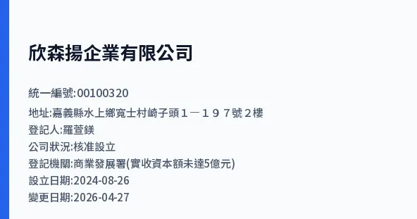 欣森揚企業有限公司的照片-統編 00100320(嘉義縣) 公司登記資料與營業項目詳細圖表