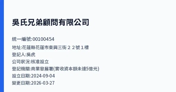 吳氏兄弟顧問有限公司的照片-統編 00100454(花蓮縣) 公司登記資料與營業項目詳細圖表