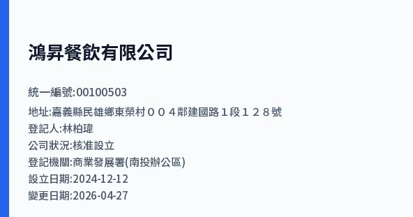 鴻昇餐飲有限公司的照片-統編 00100503(嘉義縣) 公司登記資料與營業項目詳細圖表