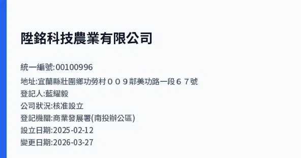 陞銘科技農業有限公司的照片-統編 00100996(宜蘭縣) 公司登記資料與營業項目詳細圖表