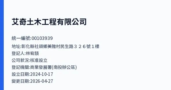 艾奇土木工程有限公司的照片-統編 00103939(彰化縣) 公司登記資料與營業項目詳細圖表