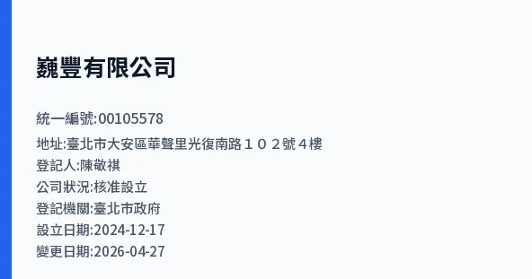 巍豐有限公司的照片-統編 00105578(臺北市) 公司登記資料與營業項目詳細圖表