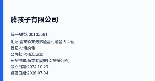 髒孩子有限公司的照片-統編 00105681(臺東縣) 公司登記資料與營業項目詳細圖表