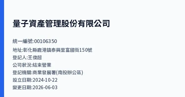 量子資產管理股份有限公司的照片-統編 00106350(彰化縣) 公司登記資料與營業項目詳細圖表
