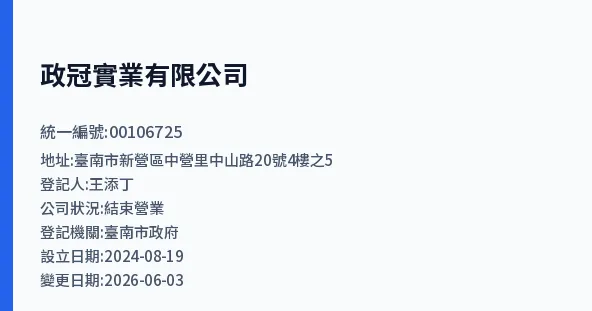 政冠實業有限公司的照片-統編 00106725(臺南市) 公司登記資料與營業項目詳細圖表