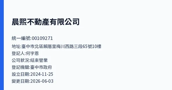 晨熙不動產有限公司的照片-統編 00109271(臺中市) 公司登記資料與營業項目詳細圖表