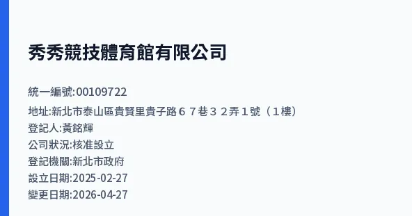 秀秀競技體育館有限公司的照片-統編 00109722(新北市) 公司登記資料與營業項目詳細圖表
