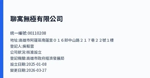 聊寓無極有限公司的照片-統編 00110208(高雄市) 公司登記資料與營業項目詳細圖表