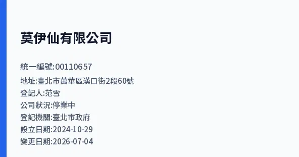 莫伊仙有限公司的照片-統編 00110657(臺北市) 公司登記資料與營業項目詳細圖表