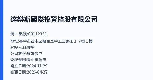 達樂斯國際投資控股有限公司的照片-統編 00112331(臺中市) 公司登記資料與營業項目詳細圖表