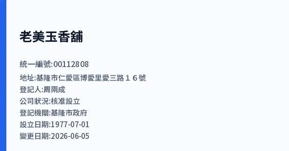 老美玉香舖的照片-統編 00112808(基隆市) 公司登記資料與營業項目詳細圖表