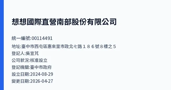 想想國際直營南部股份有限公司的照片-統編 00114491(臺中市) 公司登記資料與營業項目詳細圖表