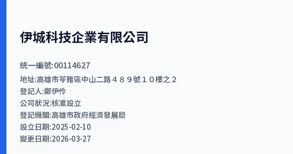 伊城科技企業有限公司的照片-統編 00114627(高雄市) 公司登記資料與營業項目詳細圖表