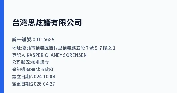 台灣思炫譜有限公司的照片-統編 00115689(臺北市) 公司登記資料與營業項目詳細圖表