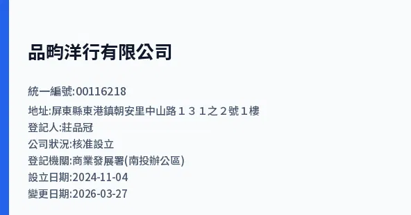 品畇洋行有限公司的照片-統編 00116218(屏東縣) 公司登記資料與營業項目詳細圖表