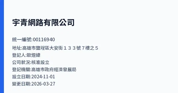 宇青網路有限公司的照片-統編 00116940(高雄市) 公司登記資料與營業項目詳細圖表