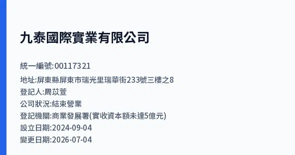 九泰國際實業有限公司的照片-統編 00117321(屏東縣) 公司登記資料與營業項目詳細圖表