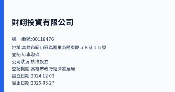 財翊投資有限公司的照片-統編 00118476(高雄市) 公司登記資料與營業項目詳細圖表