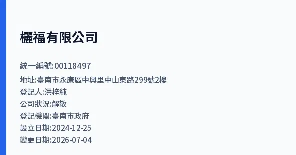 欐福有限公司的照片-統編 00118497(臺南市) 公司登記資料與營業項目詳細圖表