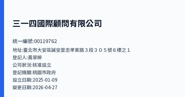 三一四國際顧問有限公司的照片-統編 00119762(臺北市) 公司登記資料與營業項目詳細圖表