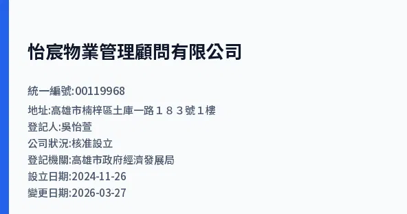 怡宸物業管理顧問有限公司的照片-統編 00119968(高雄市) 公司登記資料與營業項目詳細圖表
