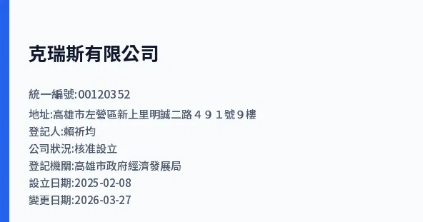 克瑞斯有限公司的照片-統編 00120352(高雄市) 公司登記資料與營業項目詳細圖表
