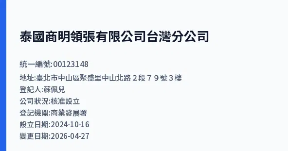泰國商明領張有限公司台灣分公司的照片-統編 00123148(臺北市) 公司登記資料與營業項目詳細圖表