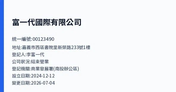 富一代國際有限公司的照片-統編 00123490(嘉義市) 公司登記資料與營業項目詳細圖表