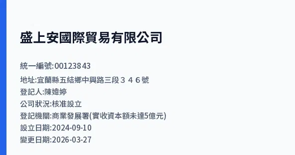 盛上安國際貿易有限公司的照片-統編 00123843(宜蘭縣) 公司登記資料與營業項目詳細圖表