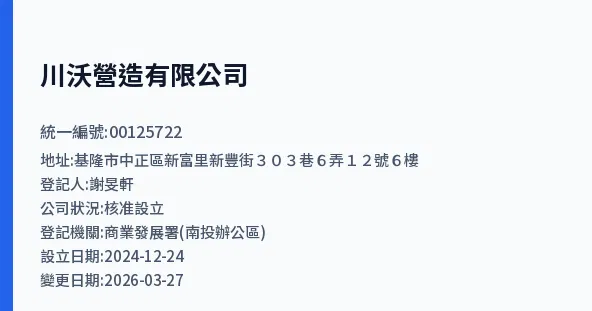 川沃營造有限公司的照片-統編 00125722(基隆市) 公司登記資料與營業項目詳細圖表