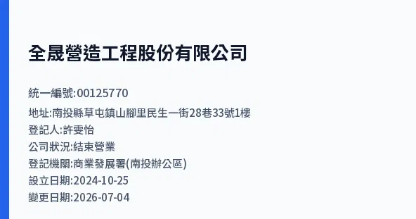 全晟營造工程股份有限公司的照片-統編 00125770(南投縣) 公司登記資料與營業項目詳細圖表