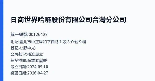 日商世界哈囉股份有限公司台灣分公司的照片-統編 00126428(臺北市) 公司登記資料與營業項目詳細圖表