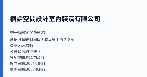 桐話空間設計室內裝潢有限公司的照片-統編 00126623(桃園市) 公司登記資料與營業項目詳細圖表