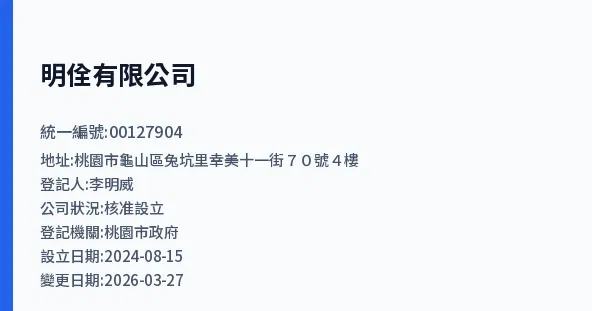 明佺有限公司的照片-統編 00127904(桃園市) 公司登記資料與營業項目詳細圖表
