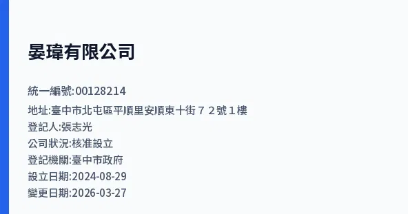 晏瑋有限公司的照片-統編 00128214(臺中市) 公司登記資料與營業項目詳細圖表