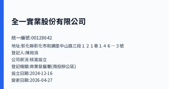 全一實業股份有限公司的照片-統編 00128642(彰化縣) 公司登記資料與營業項目詳細圖表