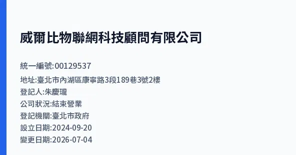 威爾比物聯網科技顧問有限公司的照片-統編 00129537(臺北市) 公司登記資料與營業項目詳細圖表