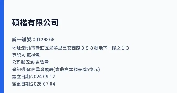 碩楷有限公司的照片-統編 00129868(新北市) 公司登記資料與營業項目詳細圖表
