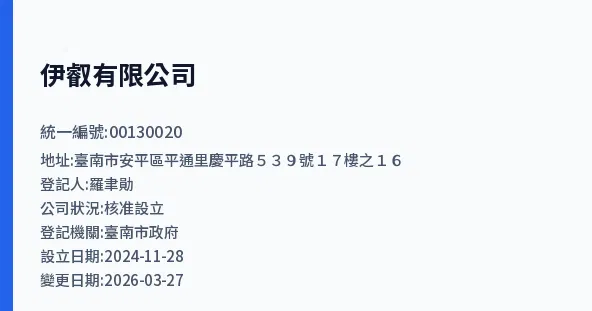 伊叡有限公司的照片-統編 00130020(臺南市) 公司登記資料與營業項目詳細圖表