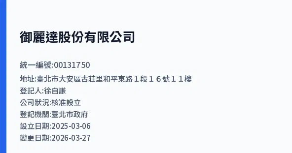 御麗達股份有限公司的照片-統編 00131750(臺北市) 公司登記資料與營業項目詳細圖表