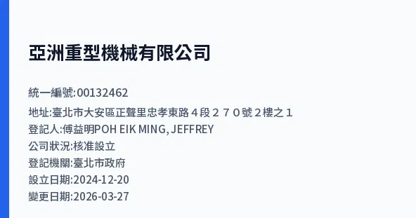 亞洲重型機械有限公司的照片-統編 00132462(臺北市) 公司登記資料與營業項目詳細圖表