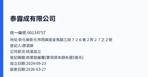 泰露成有限公司的照片-統編 00134757(彰化縣) 公司登記資料與營業項目詳細圖表