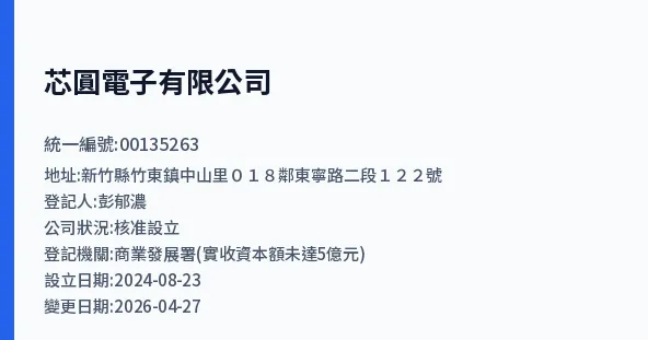芯圓電子有限公司的照片-統編 00135263(新竹縣) 公司登記資料與營業項目詳細圖表