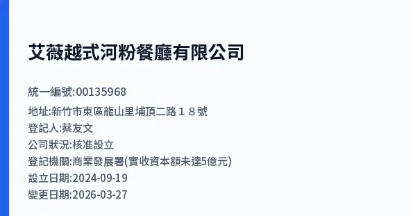 艾薇越式河粉餐廳有限公司的照片-統編 00135968(新竹市) 公司登記資料與營業項目詳細圖表