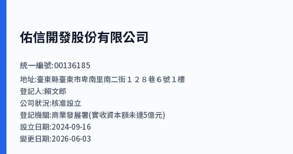 佑信開發股份有限公司的照片-統編 00136185(臺東縣) 公司登記資料與營業項目詳細圖表